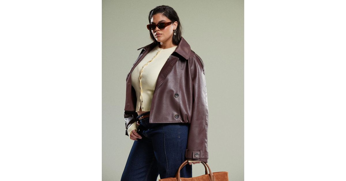 ASOS Asos Design Curve Leather Look Bomber Trench Coat in Brown | Lyst