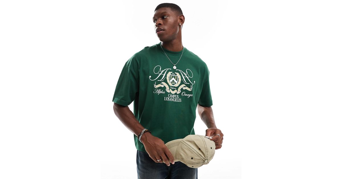 ASOS Boxy Oversized T-shirt With Campus Front Print in Green for Men | Lyst