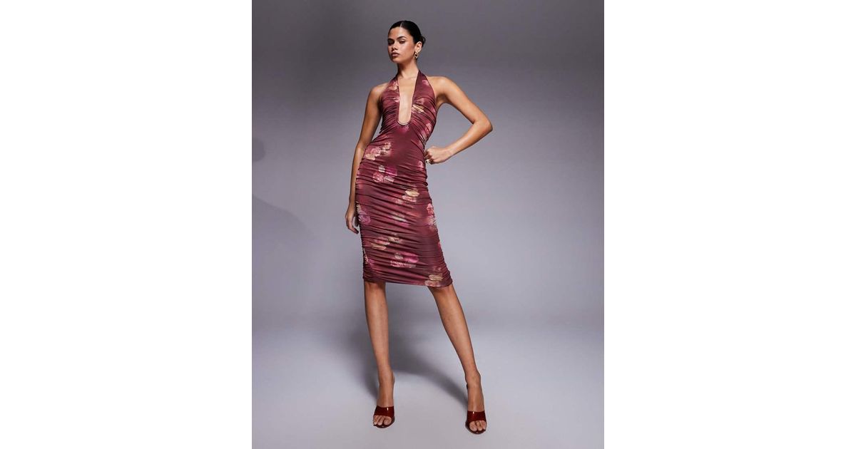 Oh Polly Ornella Plunge Halter Neck Midi Dress in Red | Lyst UK
