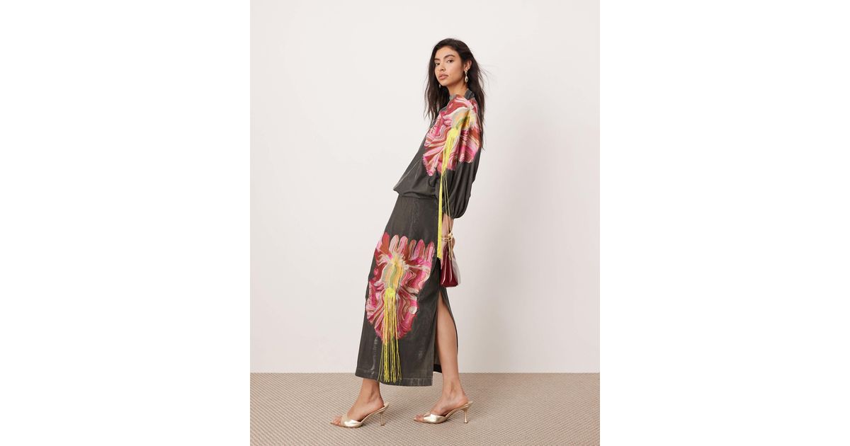ASOS Velvet Embroidered Maxi Dress With Fringe Detail in Natural | Lyst