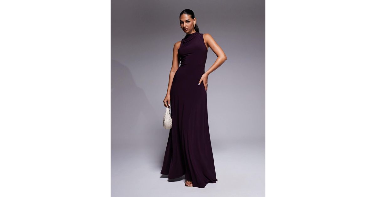 ASOS Ruched Back Channelled High Neck Maxi Dress in Purple | Lyst