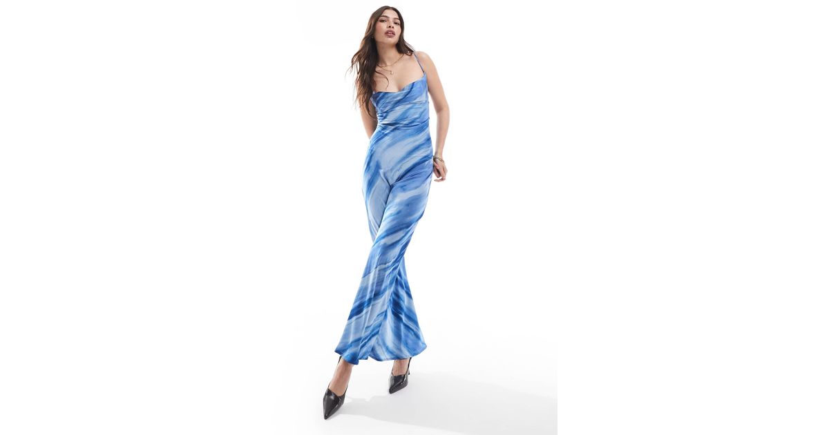 Object Satin Low Cross Back Maxi Dress in Blue | Lyst