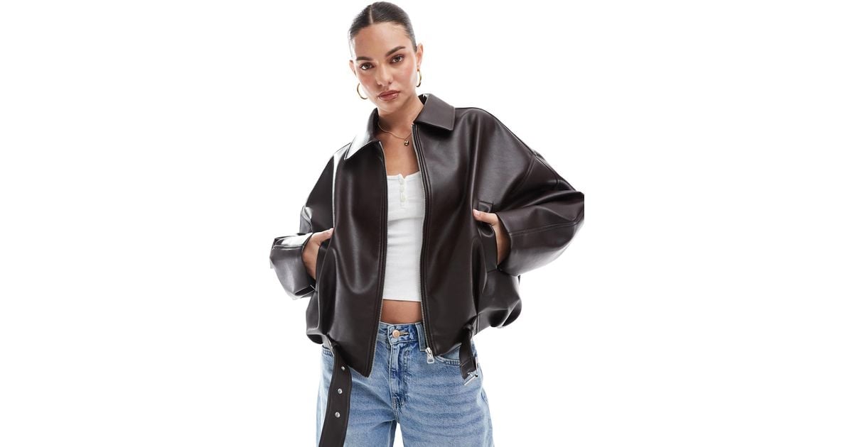 Pull&Bear Oversized Faux Leather Biker Jacket in Black | Lyst