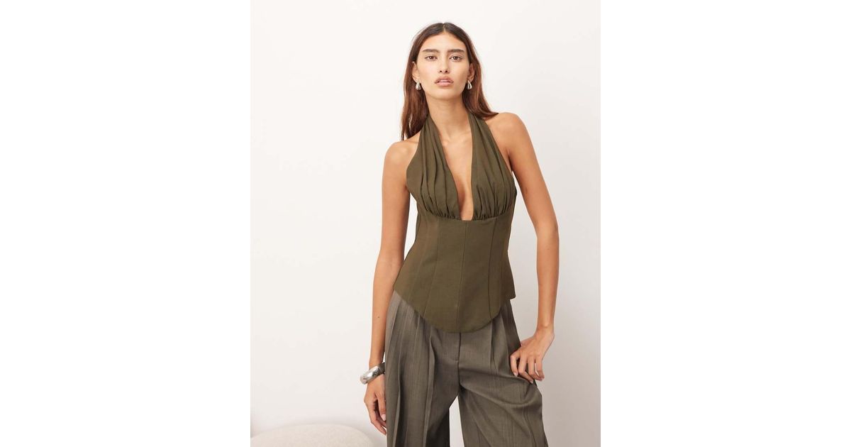 ARRANGE Tailored Plunge Halter Top in Green | Lyst UK