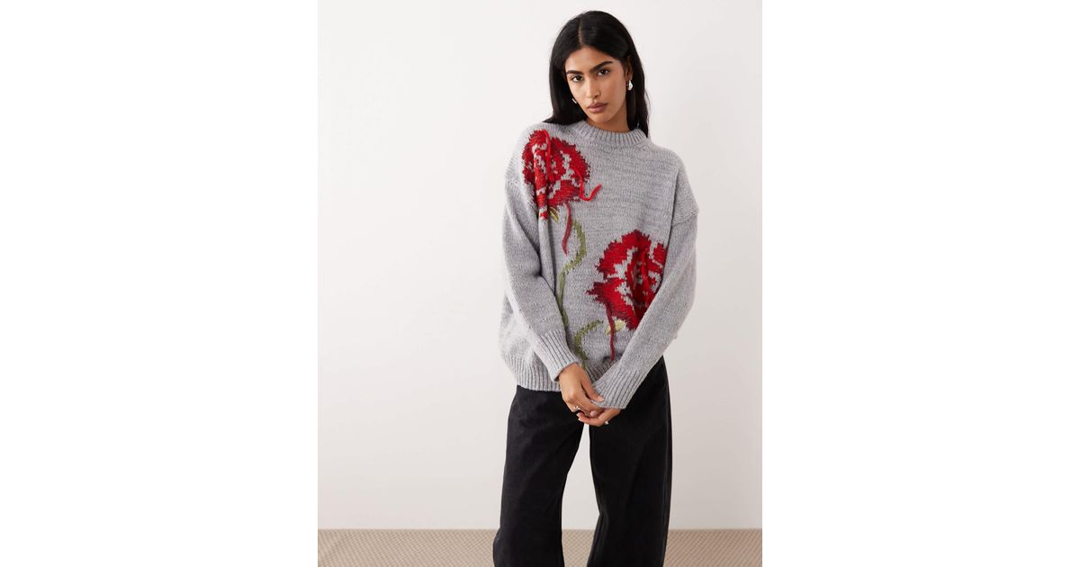 ASOS Rose Embroidered Oversized Jumper in Gray | Lyst