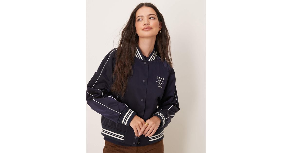GANT Satin Logo Varsity Bomber Jacket in Blue | Lyst