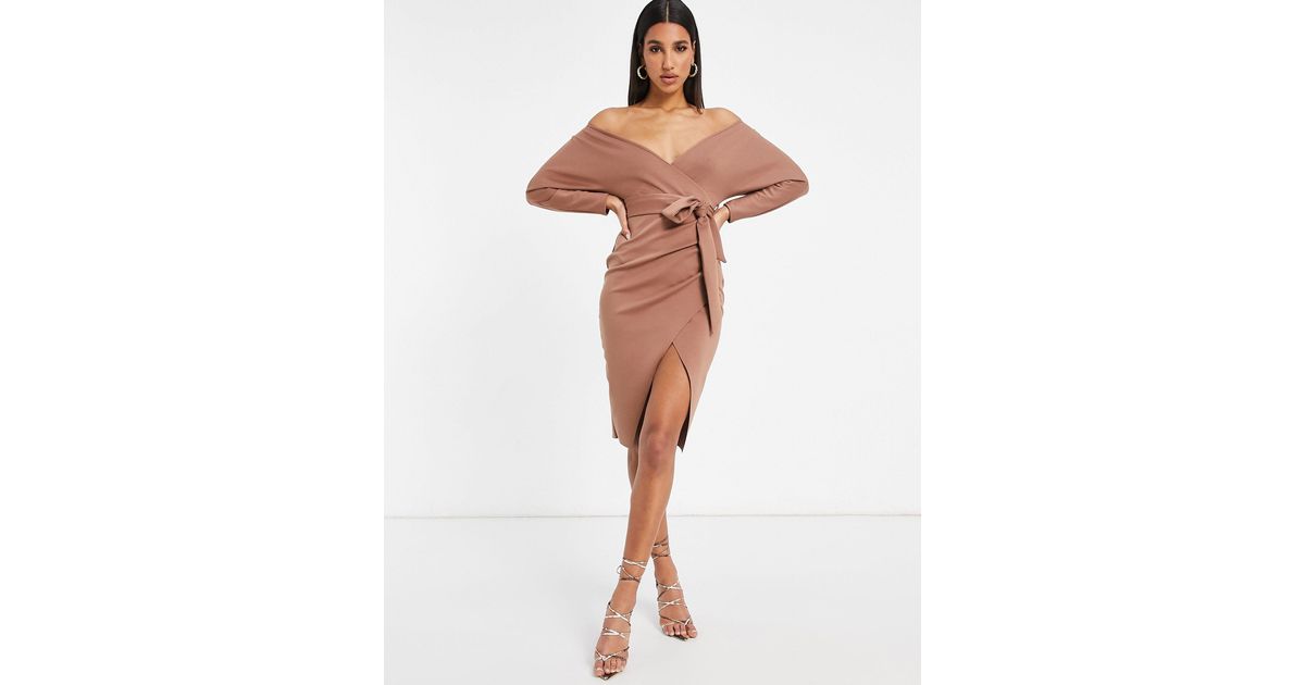 Asos Bardot Wrap Batwing Sleeve Midi Dress With Self Tie Belt In Brown