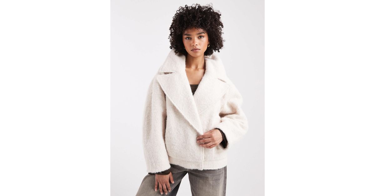 ASOS Cozy Oversized Strong Shoulder Pea Coat in White | Lyst