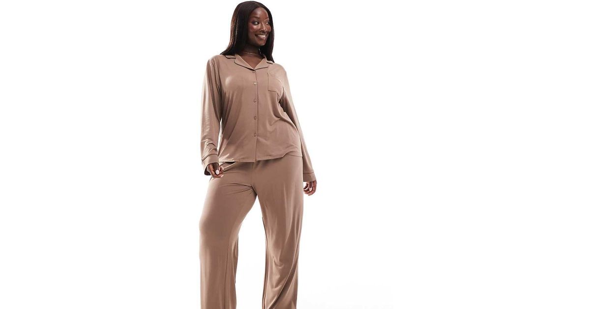 Loungeable Curve Super Soft Jersey Revere Top And Wide Leg Pyjama Set ...