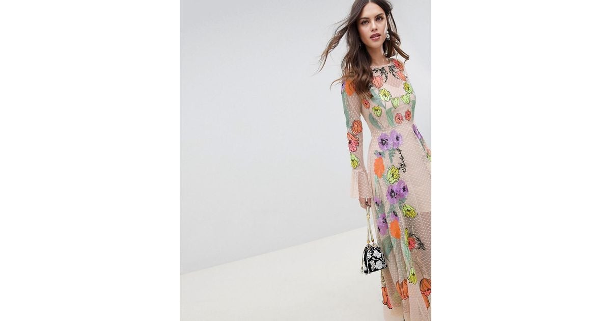 ASOS Embroidered Floral Maxi Dress in Natural | Lyst UK