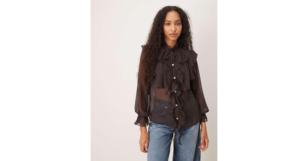Glamorous Button Up Tie Front Ruffle Blouse in Brown | Lyst UK