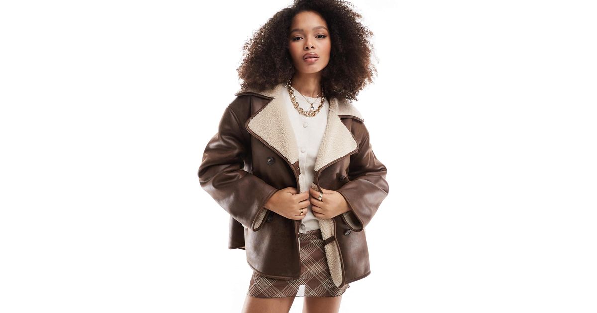 Stradivarius Faux Leather Jacket With Borg Lining in Brown | Lyst