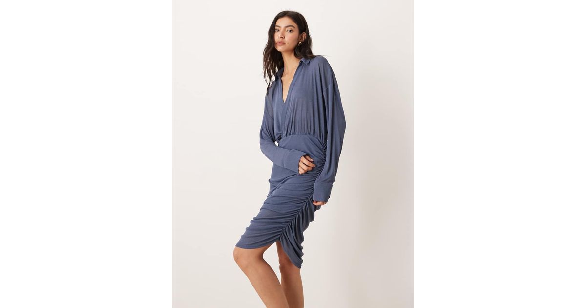 ASOS Collared Ruched Mini Wrap Dress in Blue | Lyst UK