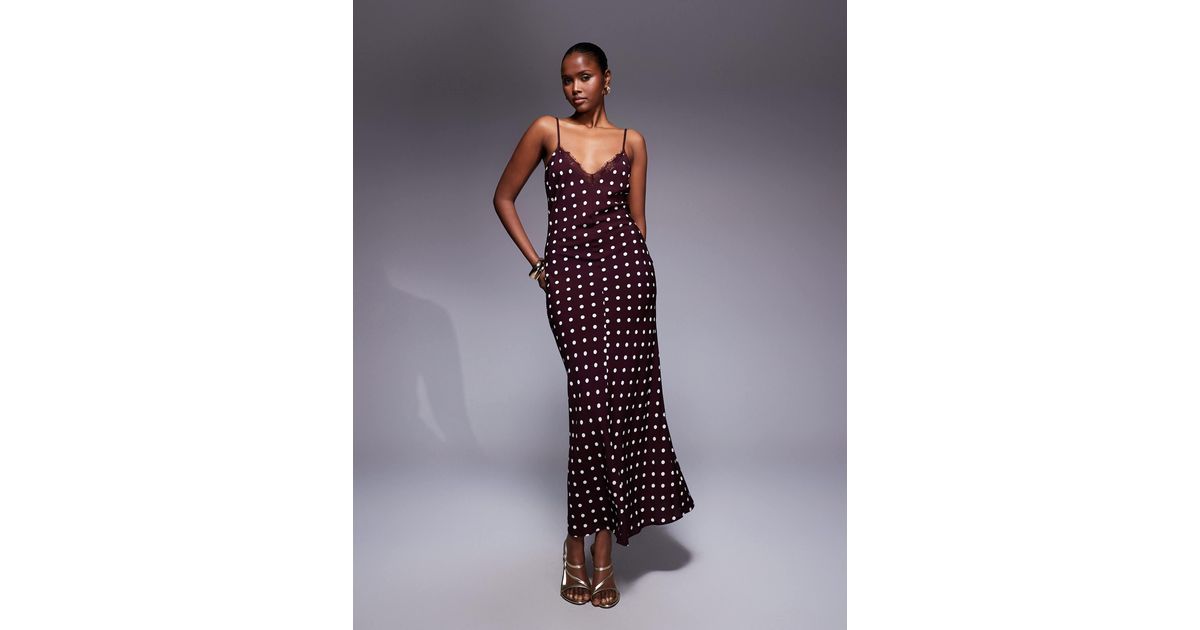 ASOS V-neck Lace Trim Satin Slip Maxi Dress in Purple | Lyst