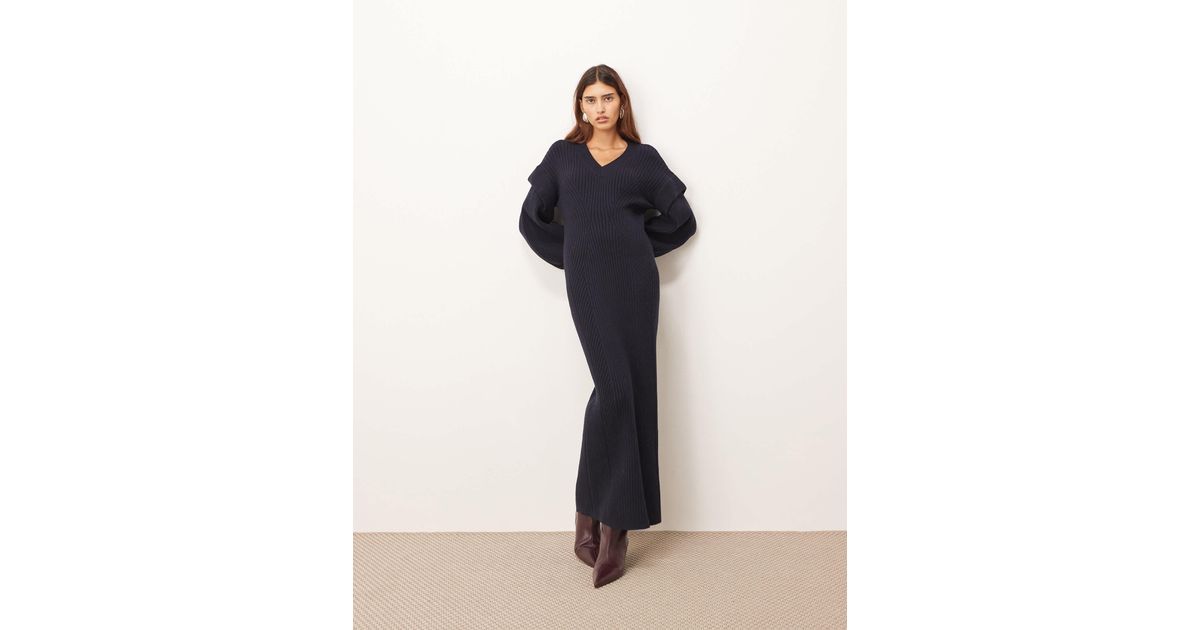 ARRANGE Rib Knit V Neck Maxi Dress With Shoulder Detail in Blue | Lyst