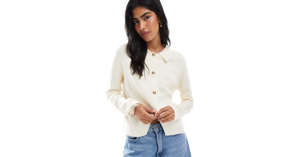 ASOS Compact Knit Cardigan With Collar in White | Lyst