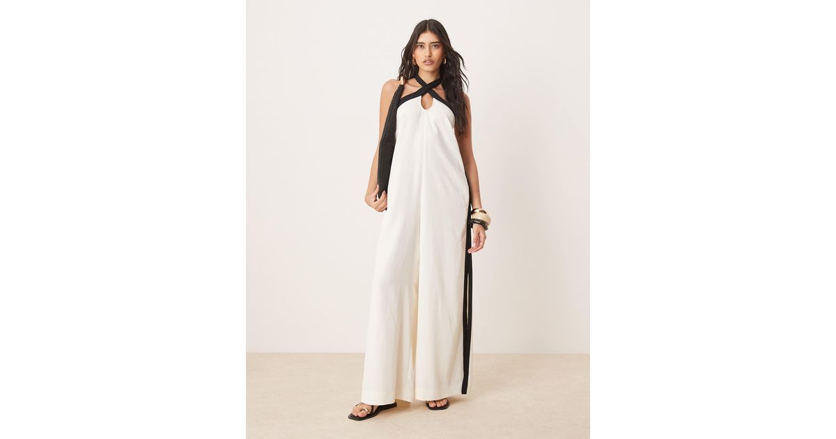 ASOS Cross Halter Contast Split Let Jumpsuit in Natural | Lyst
