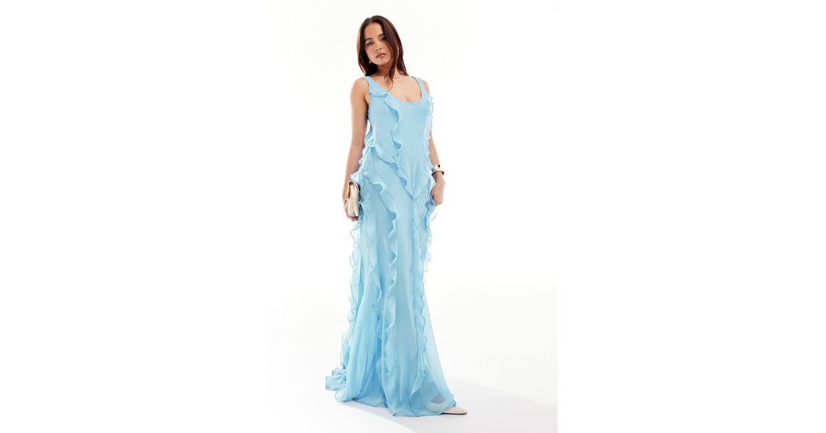ASOS Ruffle Maxi Dress With Scoop Back in Blue | Lyst