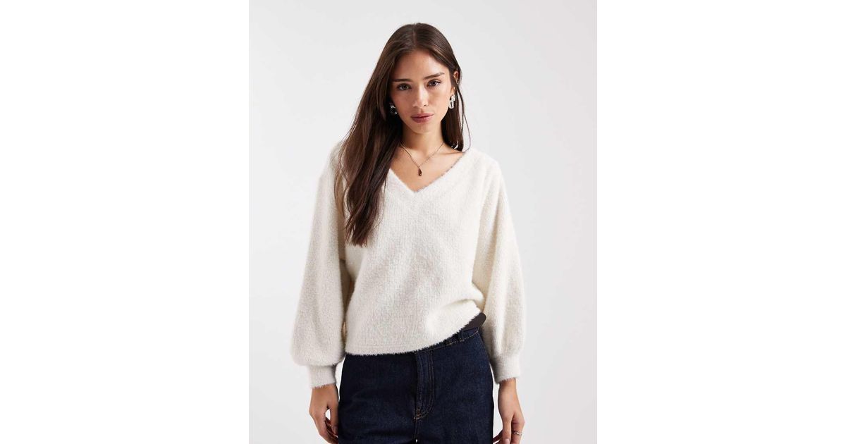 Miss Selfridge Fluffy Off The Shoulder Slouchy Sweat in White | Lyst UK