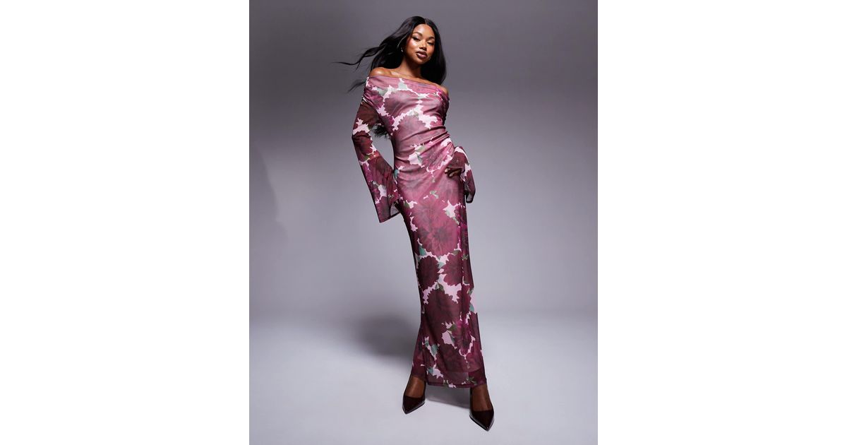 ASOS Cowl Front Mesh Maxi Dress With Flare Sleeve in Purple | Lyst