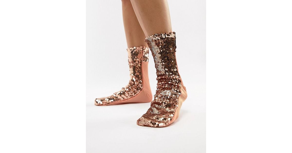 ASOS Rose Gold Sequin Sock in Metallic | Lyst
