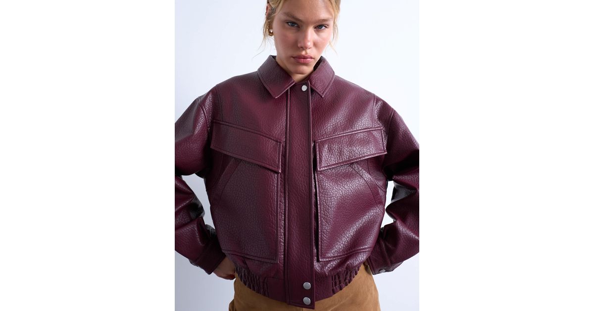 TOPSHOP Faux Leather Bubble Boxy Zip Through Bomber Jacket in Purple | Lyst
