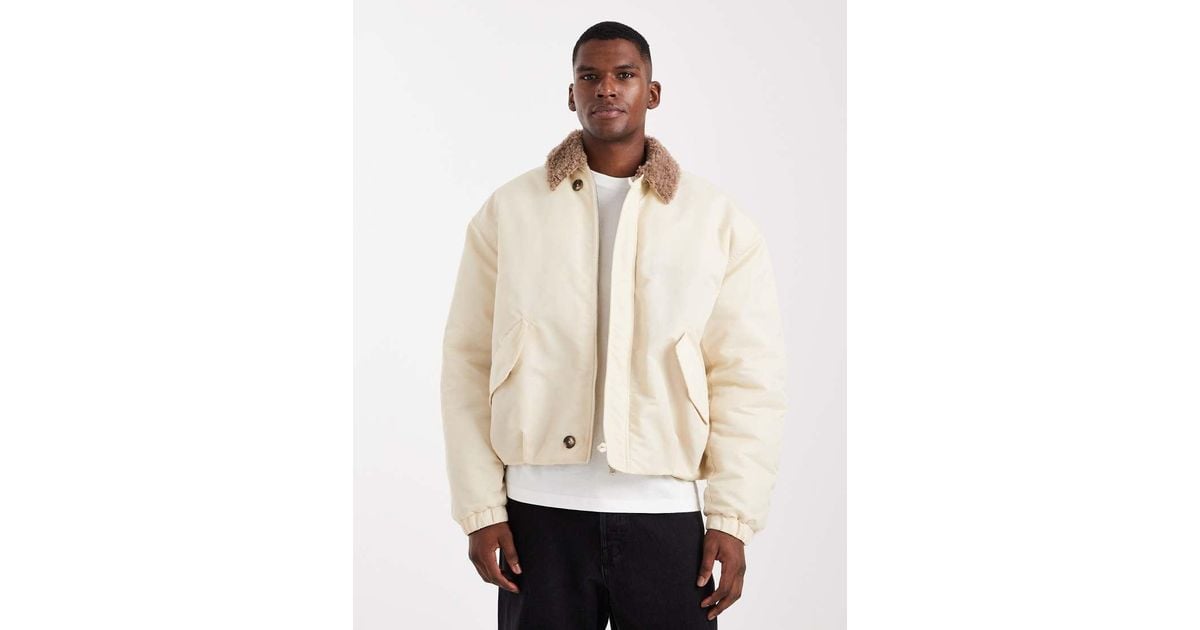 ASOS Bomber Jacket With Borg Collar in Natural for Men | Lyst UK