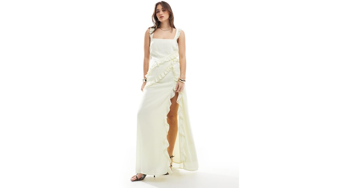 The Frolic Exclusive Ruffle Drape Detail Square Neck Thigh Split Maxi ...