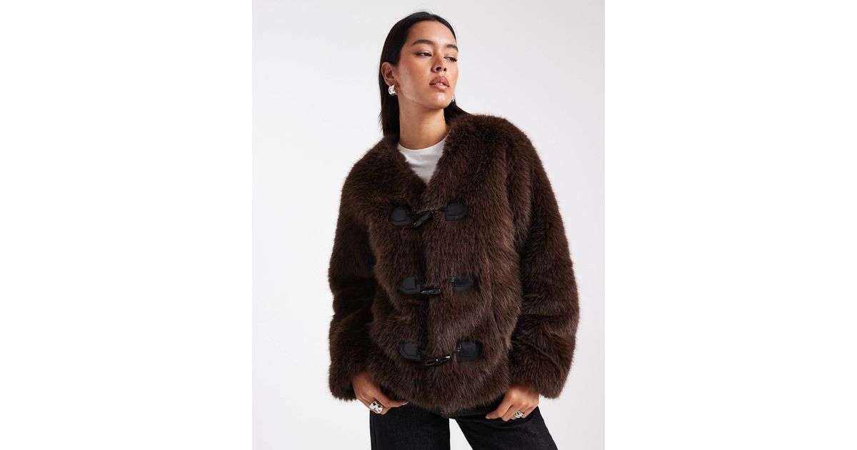4th & Reckless Faux Fur toggle Detail Collarless Jacket in Brown | Lyst