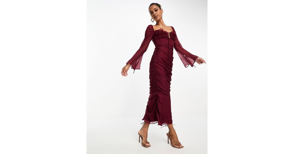 ASOS Milkmaid Ruffle Corset Detail Midi Dress in Red | Lyst