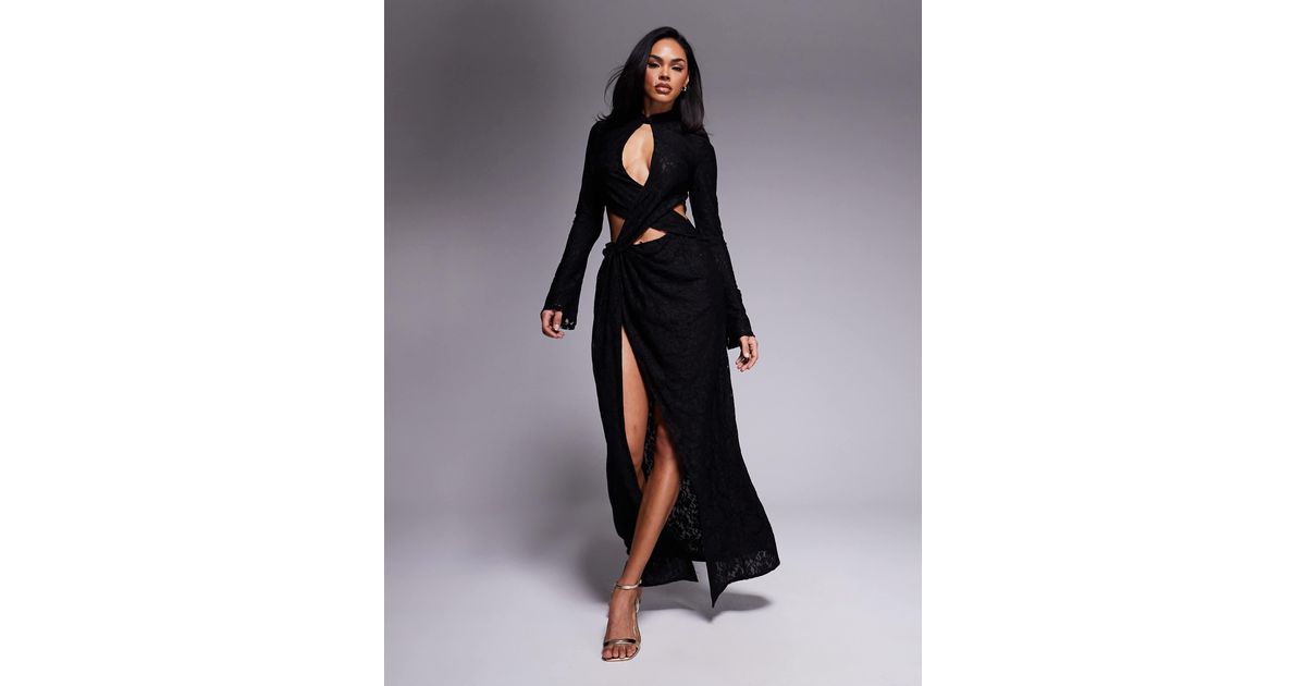 Exclusivité - - robe longue fendue sur la cuisse en dentelle avec col montant et fente goutte d ...