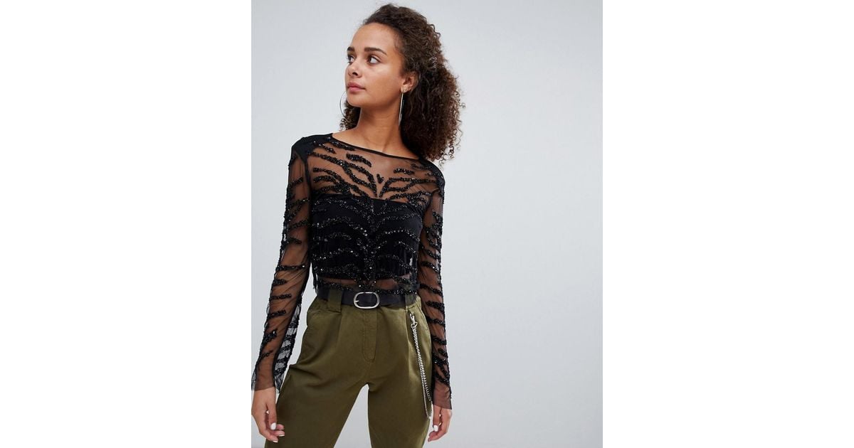 Bershka Tiger Embellished Mesh Top in Black | Lyst UK