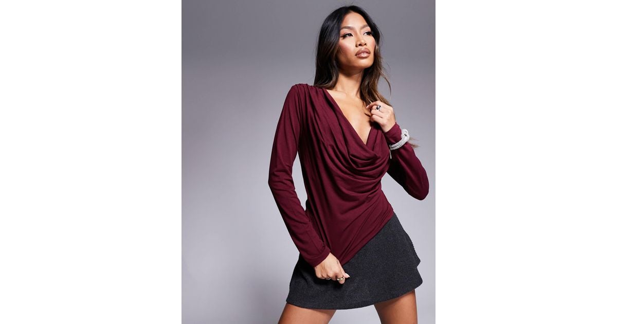 ASOS Deep Cowl Plunge Neck Long Sleeve Top in Red | Lyst