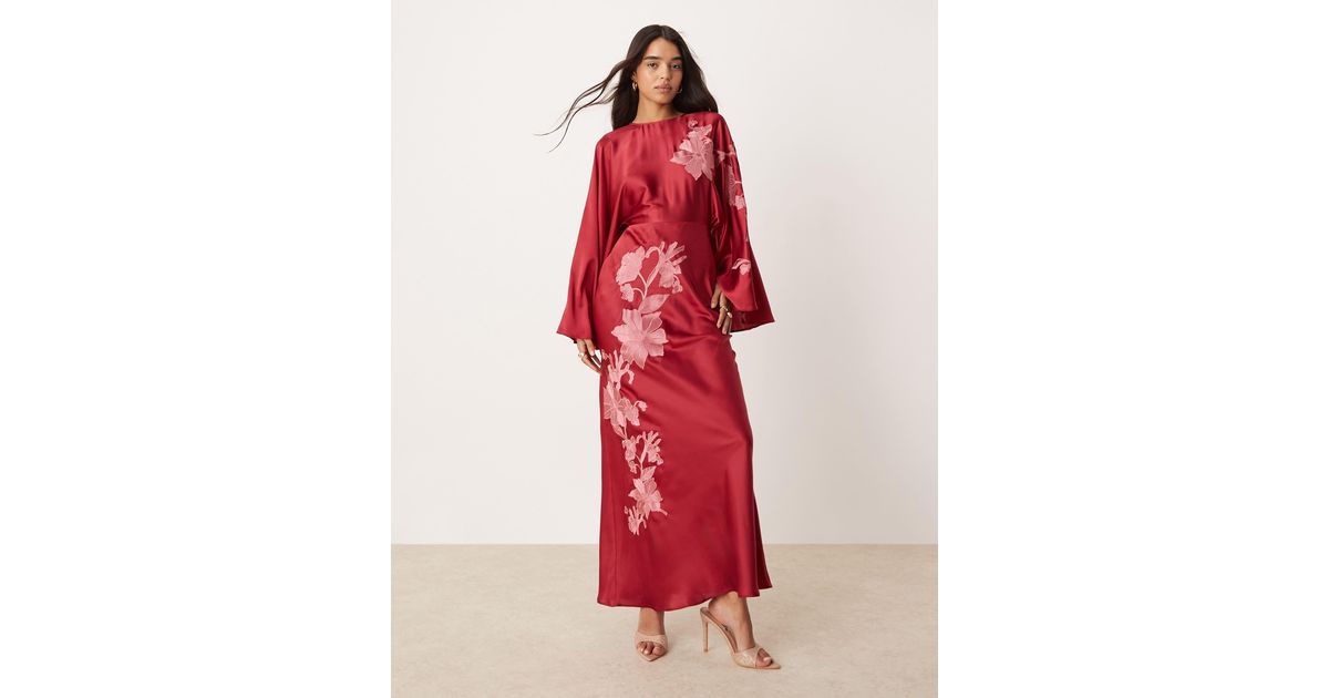 ASOS exaggerated Sleeve Embroidered Satin Bias Maxi Dress | Lyst