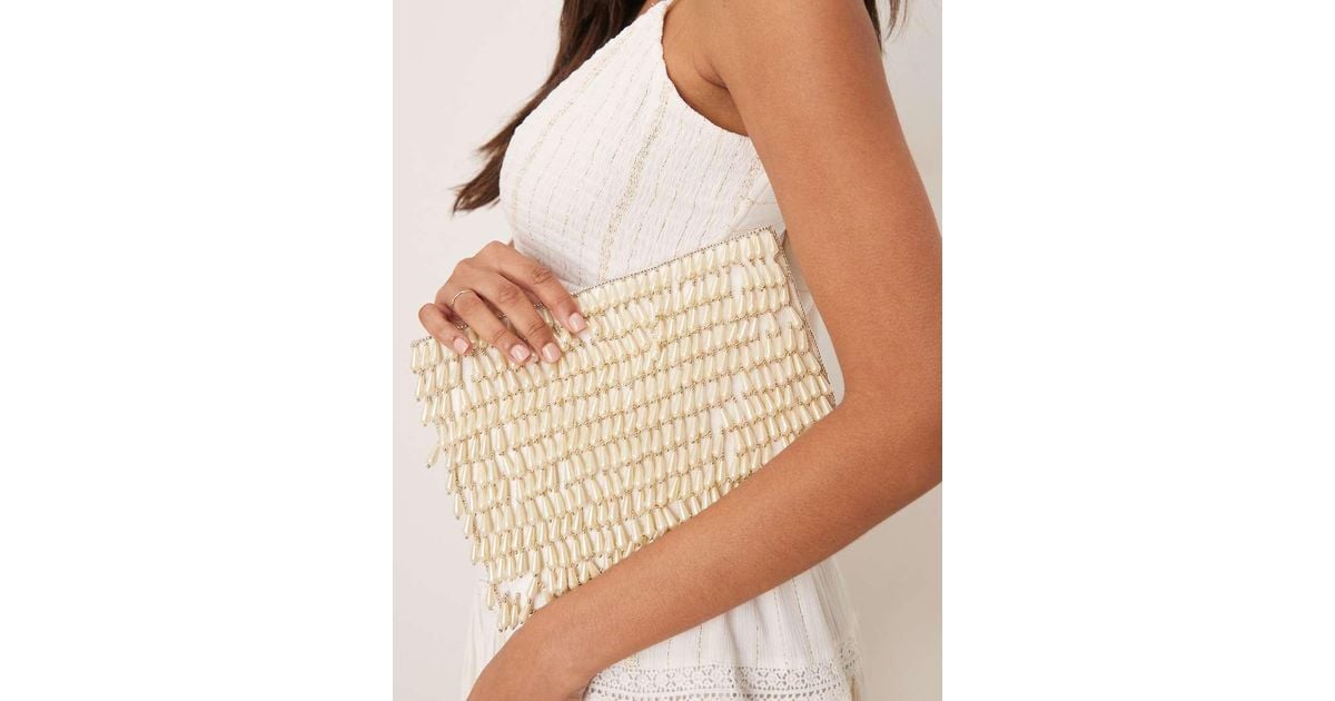 ASOS Pearl Droplet Zip Top Clutch Bag in Natural | Lyst UK