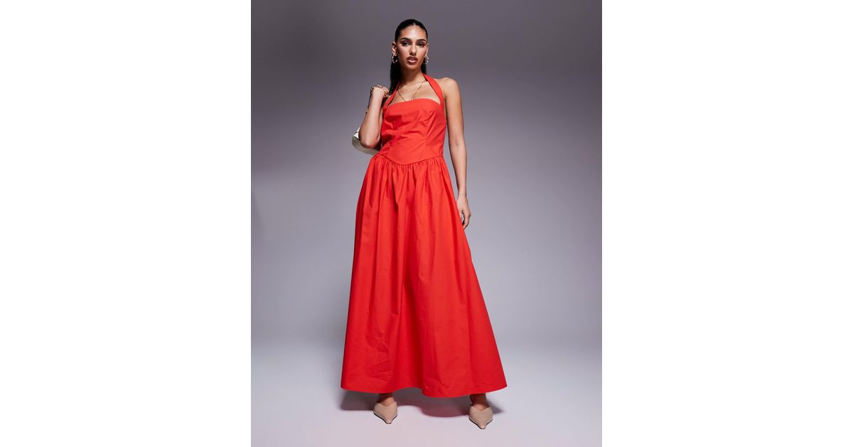 Kaiia Exclusive Poplin Square Neck Halter Maxi Dress in Red | Lyst