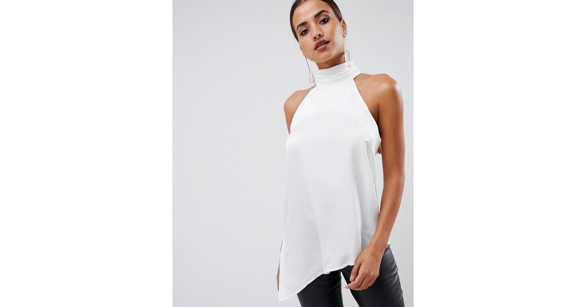 ASOS High Neck Halter Satin Top in White | Lyst