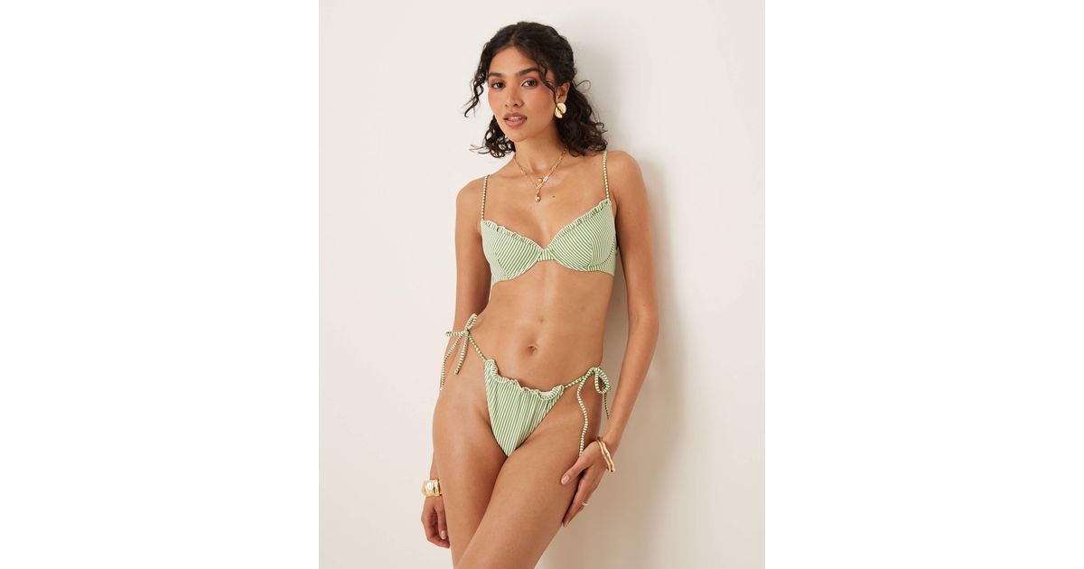 ASOS Anna Seersucker Tie Side Bikini Bottoms in Green | Lyst