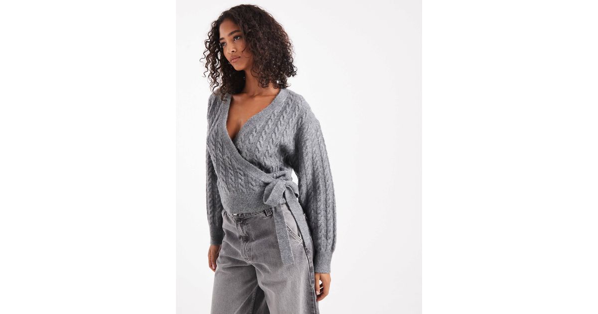 New Look Cable Knit Wrap Cardigan in Gray | Lyst