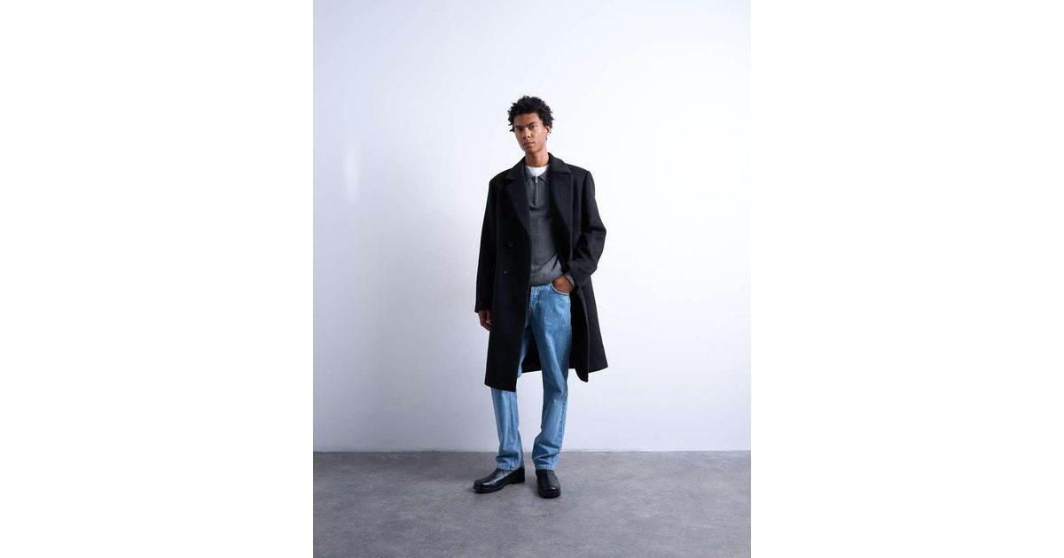 TOPMAN Double Breasted Wool Blend Overcoat in Blue for Men | Lyst UK