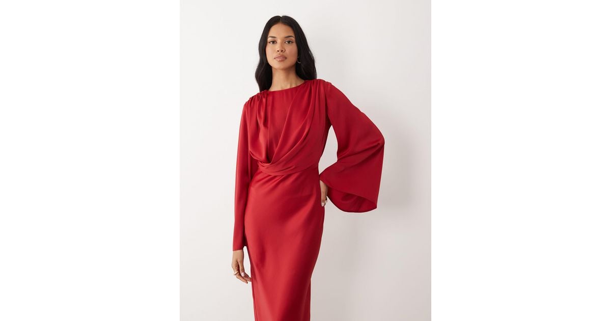 ASOS Flute Sleeve Draped Dress in Red | Lyst