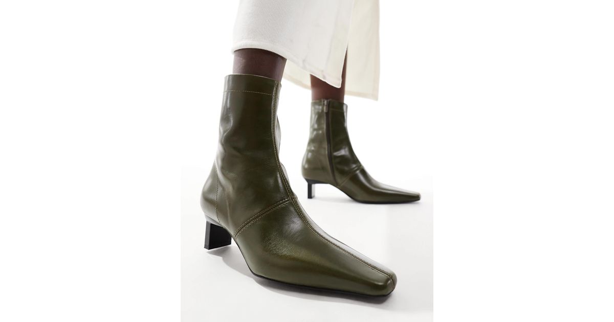 ASOS Rise Premium Leather Boots With Metal Heel Detail in Green | Lyst
