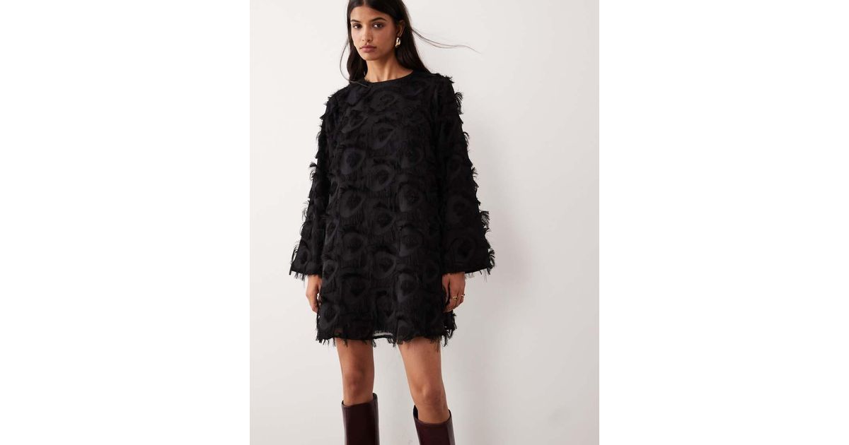 Y.A.S Fluffy Textured Long Sleeve Mini Dress in Black | Lyst UK