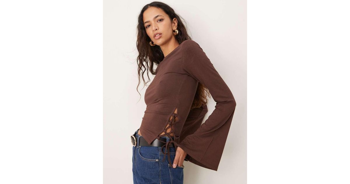 ASOS Flared Long Sleeve Asymmetric Top With Side Tie Detail in Brown ...