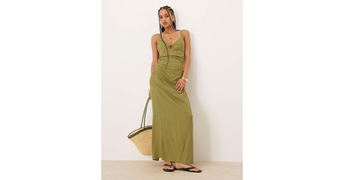 ASOS Linen Mix Maxi Sundress With Bralet Cut Out in Natural | Lyst