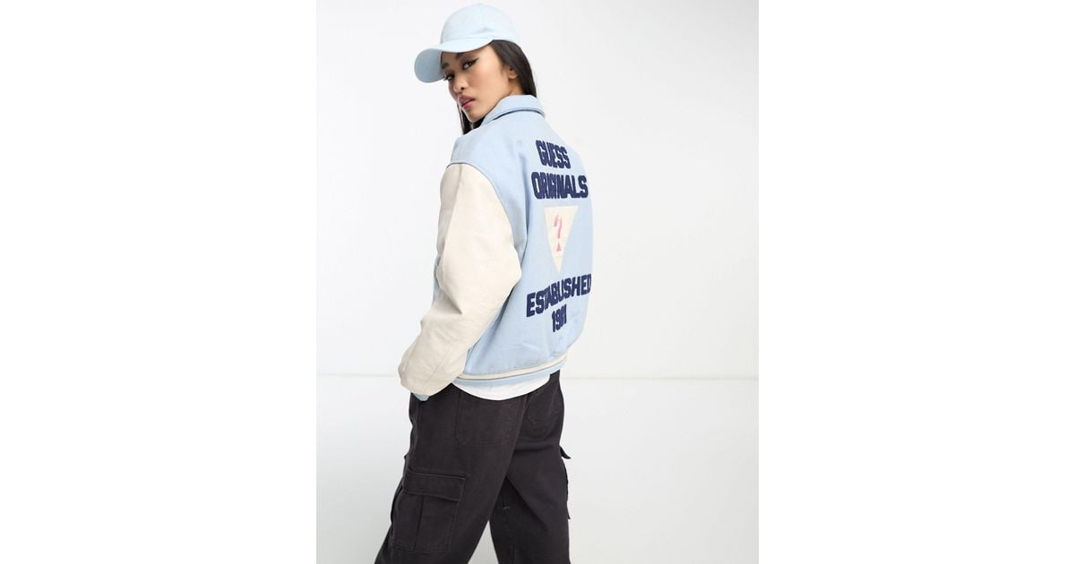 Guess Contrast Sleeve Varsity Jacket in White | Lyst