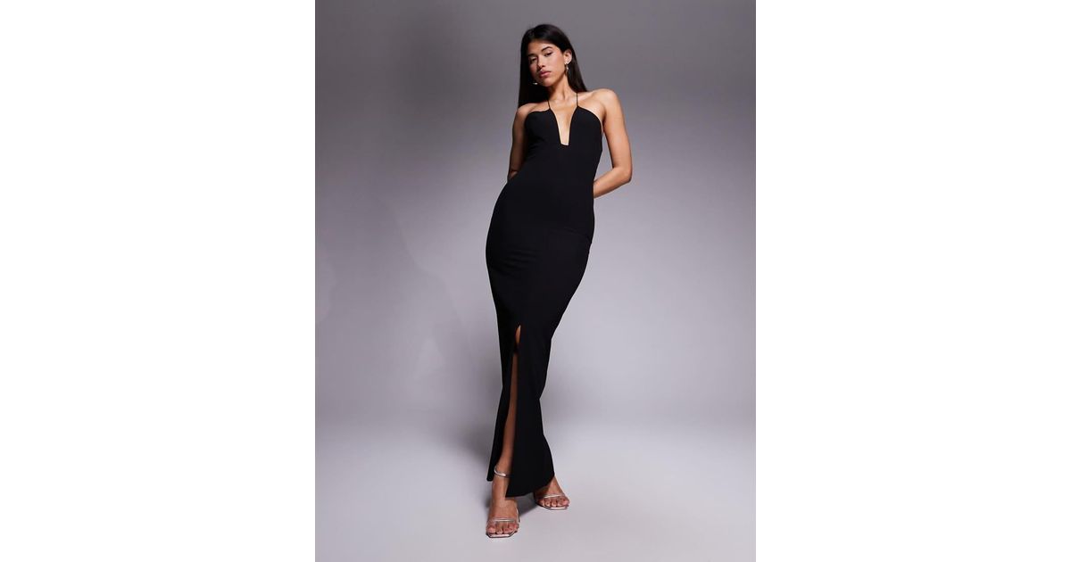 Vesper Strappy Halterneck Maxi Dress With Front Split in Blue | Lyst UK