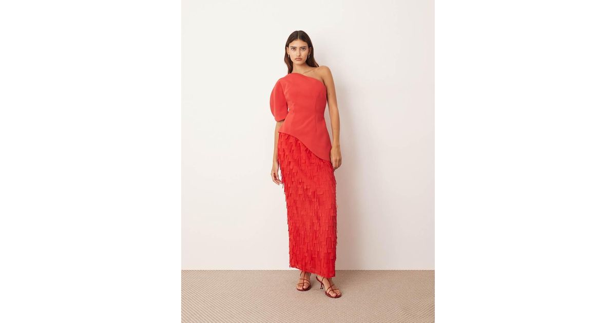 ARRANGE Sculptural One Shoulder Texture Hybrid Maxi Dress in Red | Lyst UK