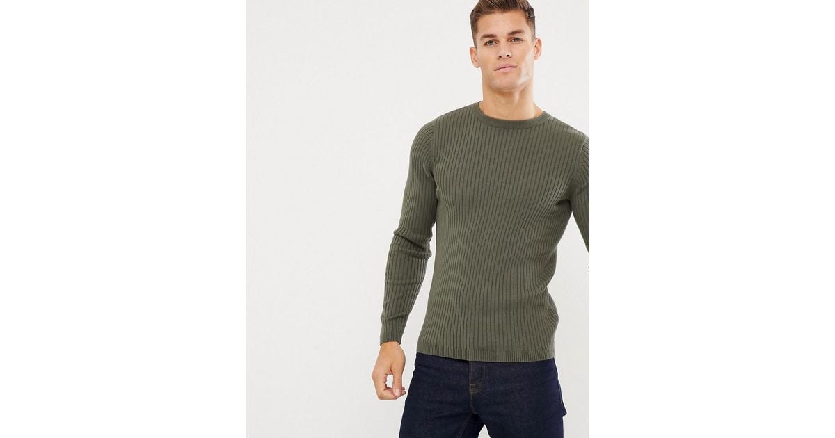 New Look Muscle Fit Sweater In Khaki in Green for Men | Lyst