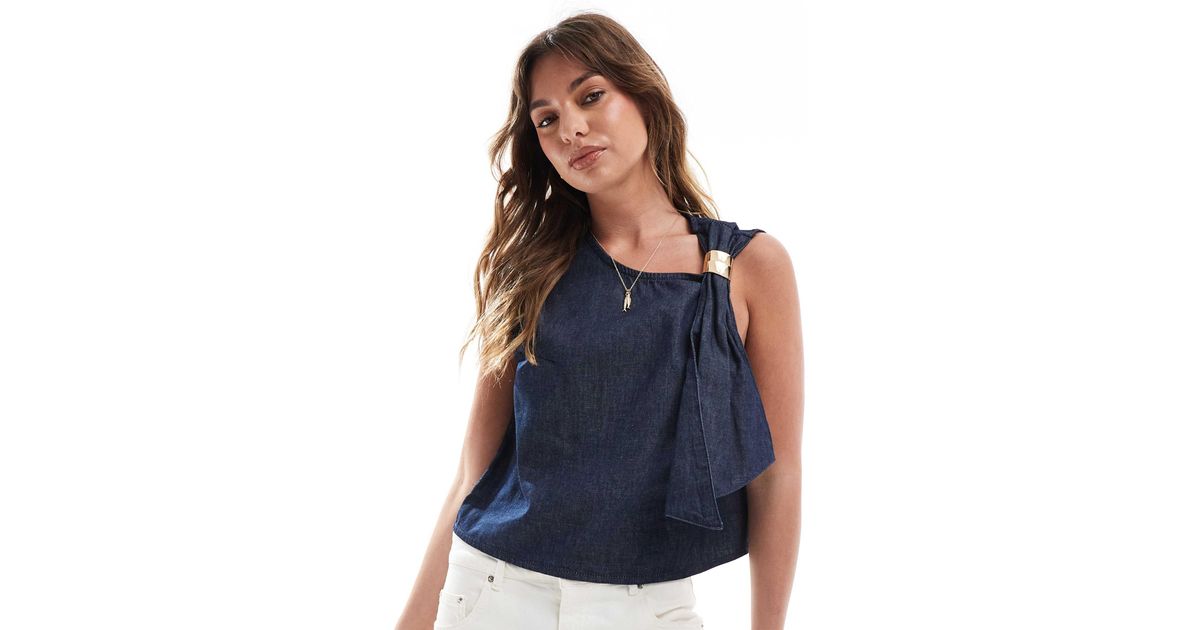 ASOS Denim Top With Asymmetric Neck And Gold Hardware in Blue | Lyst